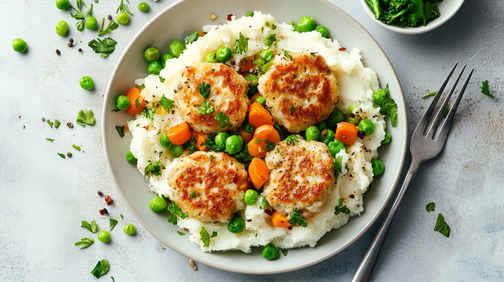 Fiskekaker med potetmos og grønnsaker